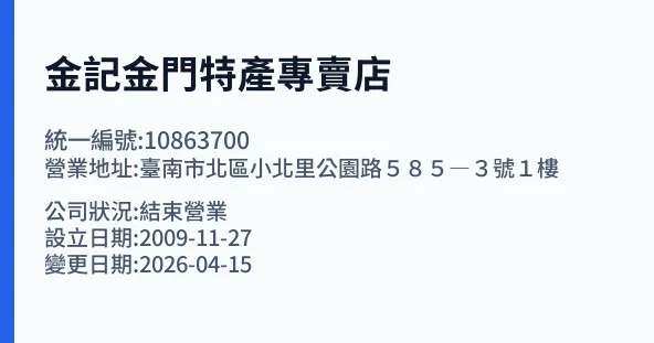 金記金門特產專賣店的照片-統編 10863700(臺南市) 公司登記資料與營業項目詳細圖表