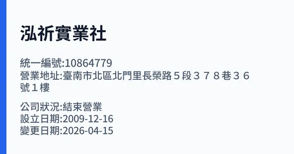 泓祈實業社的照片-統編 10864779(臺南市) 公司登記資料與營業項目詳細圖表