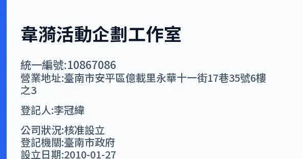 韋漪活動企劃工作室的照片-統編 10867086(臺南市) 公司登記資料與營業項目詳細圖表