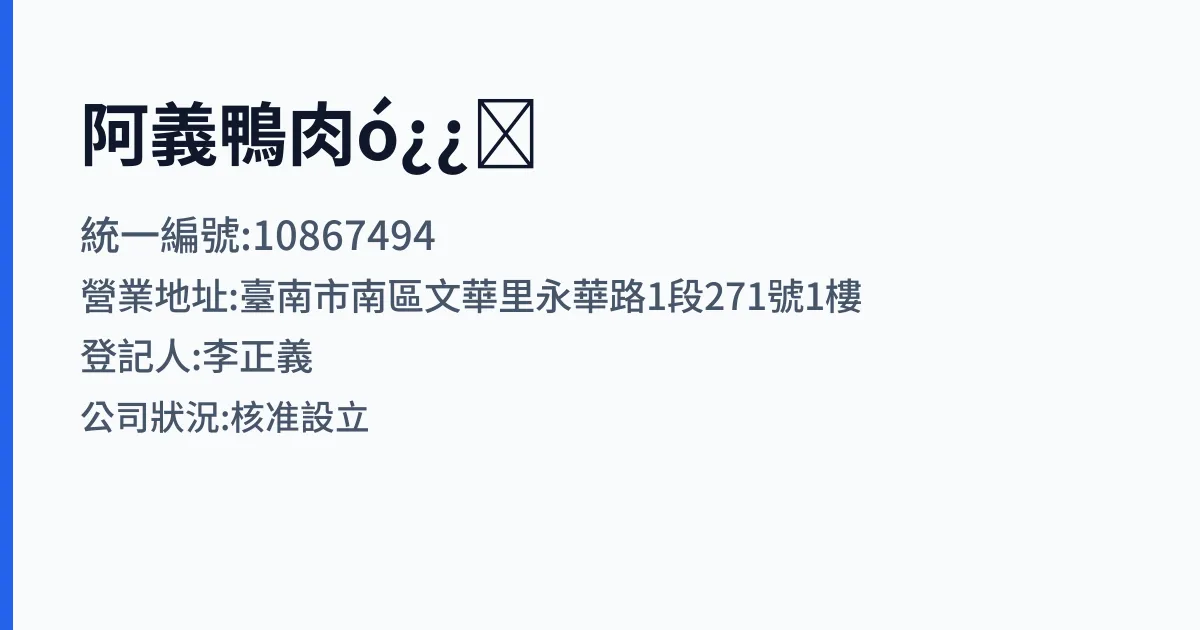 阿義鴨肉 - 統編 10867494(臺南市) 公司登記資料與營業項目詳細圖表