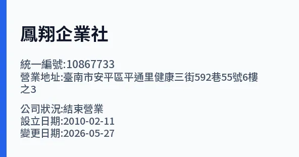 鳳翔企業社的照片-統編 10867733(臺南市) 公司登記資料與營業項目詳細圖表