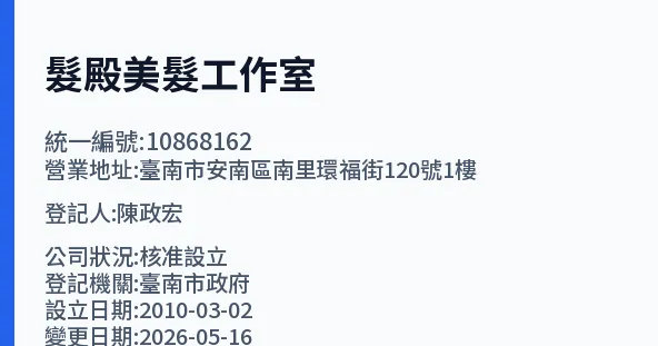 髮殿美髮工作室的照片-統編 10868162(臺南市) 公司登記資料與營業項目詳細圖表