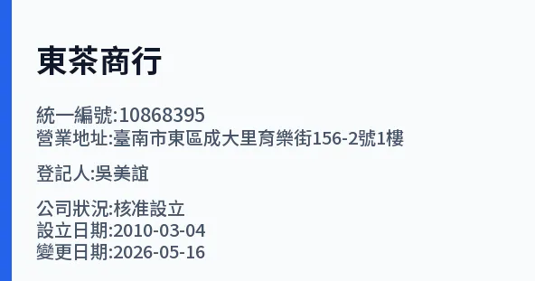 東茶商行的照片-統編 10868395(臺南市) 公司登記資料與營業項目詳細圖表