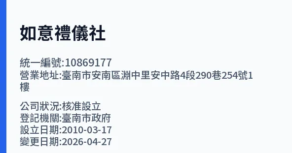 如意禮儀社的照片-統編 10869177(臺南市) 公司登記資料與營業項目詳細圖表