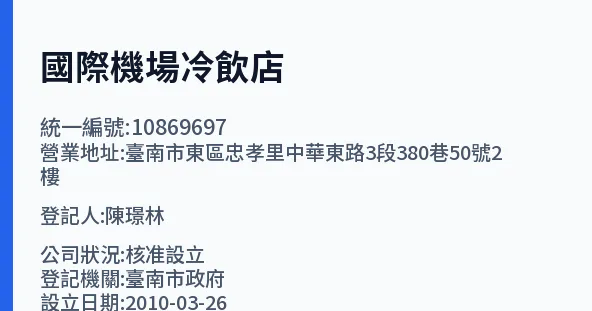 國際機場冷飲店的照片-統編 10869697(臺南市) 公司登記資料與營業項目詳細圖表