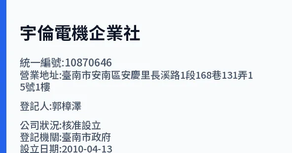 宇倫電機企業社的照片-統編 10870646(臺南市) 公司登記資料與營業項目詳細圖表