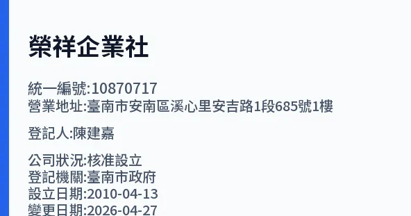 榮祥企業社的照片-統編 10870717(臺南市) 公司登記資料與營業項目詳細圖表