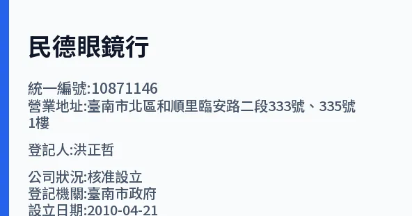 民德眼鏡行的照片-統編 10871146(臺南市) 公司登記資料與營業項目詳細圖表