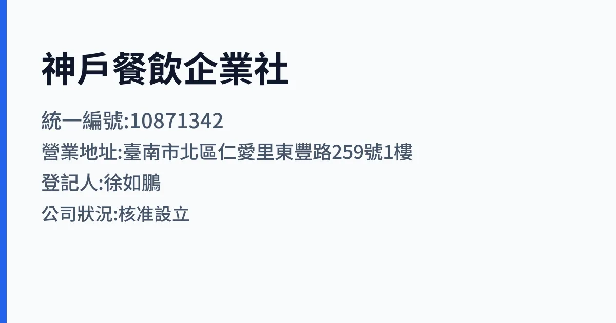 神戶餐飲企業社 - 統編 10871342(臺南市) 公司登記資料與營業項目詳細圖表