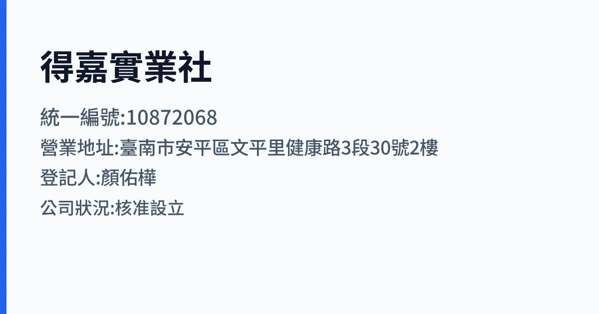得嘉實業社 - 統編 10872068(臺南市) 公司登記資料與營業項目詳細圖表