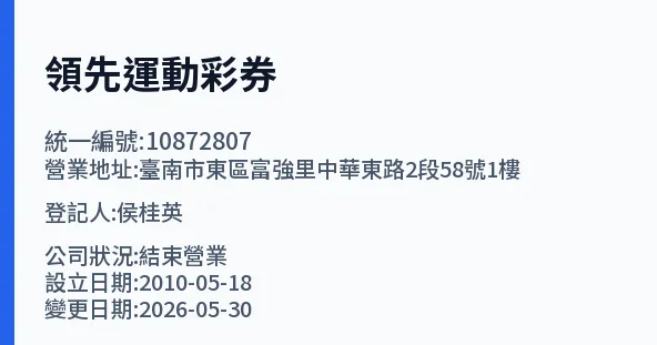 領先運動彩券的照片-統編 10872807(臺南市) 公司登記資料與營業項目詳細圖表