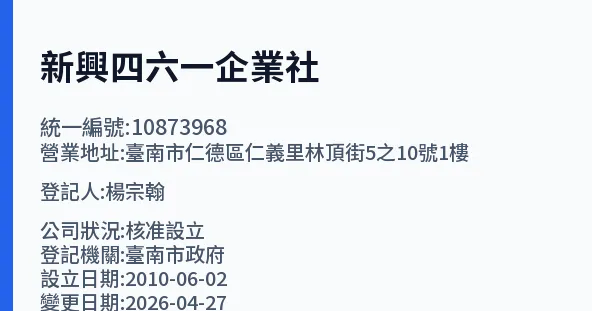 新興四六一企業社的照片-統編 10873968(臺南市) 公司登記資料與營業項目詳細圖表