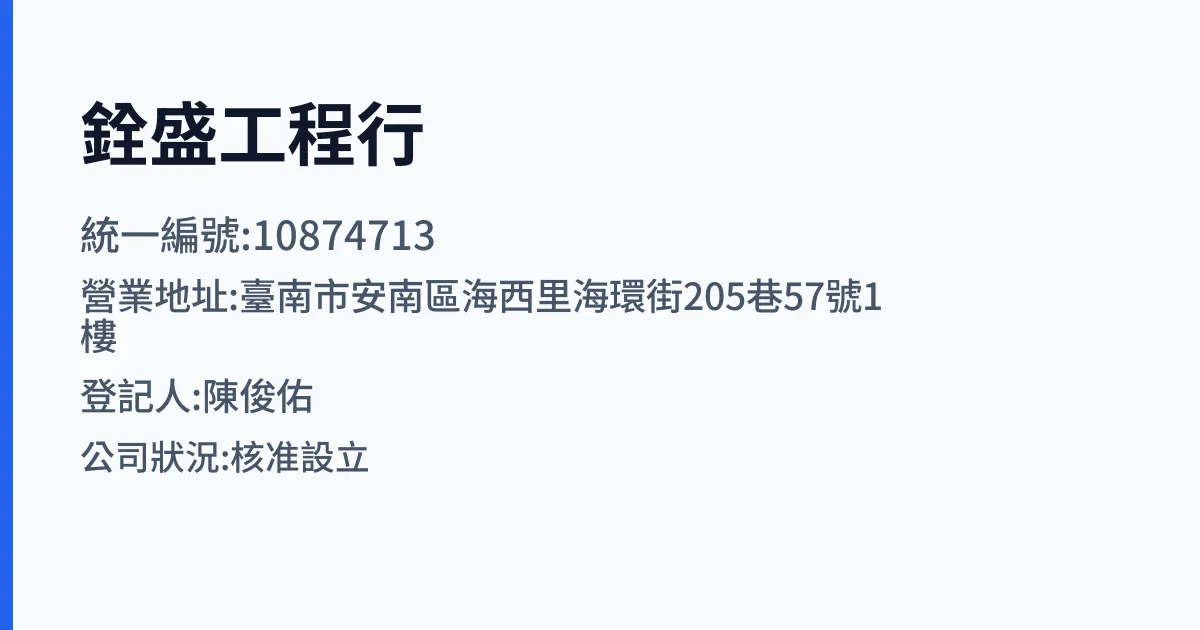 銓盛工程行 - 統編 10874713(臺南市) 公司登記資料與營業項目詳細圖表