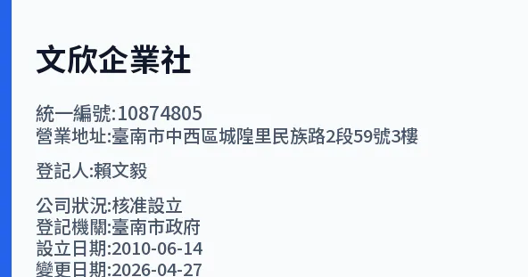 文欣企業社的照片-統編 10874805(臺南市) 公司登記資料與營業項目詳細圖表