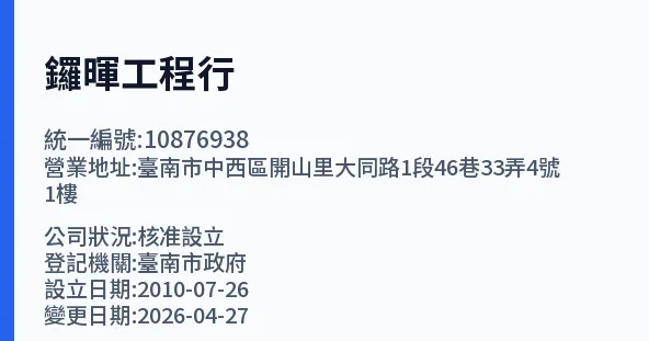 鑼暉工程行的照片-統編 10876938(臺南市) 公司登記資料與營業項目詳細圖表