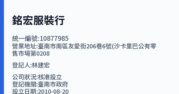 銘宏服裝行的照片-統編 10877985(臺南市) 公司登記資料與營業項目詳細圖表