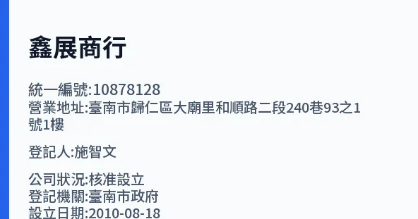 鑫展商行的照片-統編 10878128(臺南市) 公司登記資料與營業項目詳細圖表