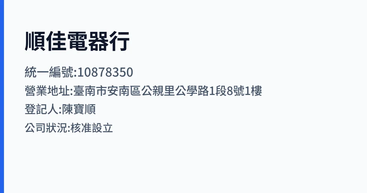 順佳電器行 - 統編 10878350(臺南市) 公司登記資料與營業項目詳細圖表