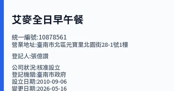 艾麥全日早午餐的照片-統編 10878561(臺南市) 公司登記資料與營業項目詳細圖表