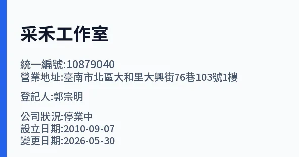 采禾工作室的照片-統編 10879040(臺南市) 公司登記資料與營業項目詳細圖表