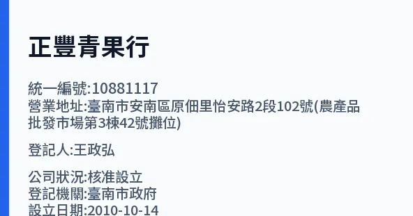 正豐青果行的照片-統編 10881117(臺南市) 公司登記資料與營業項目詳細圖表