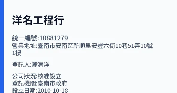 洋名工程行的照片-統編 10881279(臺南市) 公司登記資料與營業項目詳細圖表