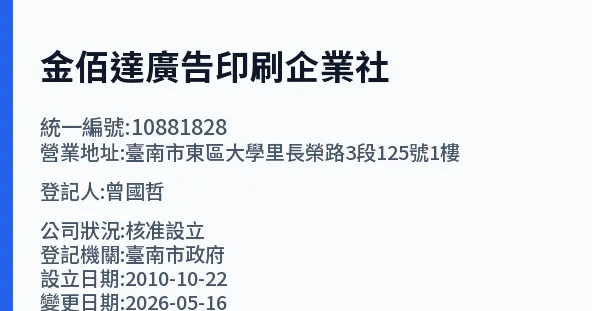 金佰達廣告印刷企業社的照片-統編 10881828(臺南市) 公司登記資料與營業項目詳細圖表