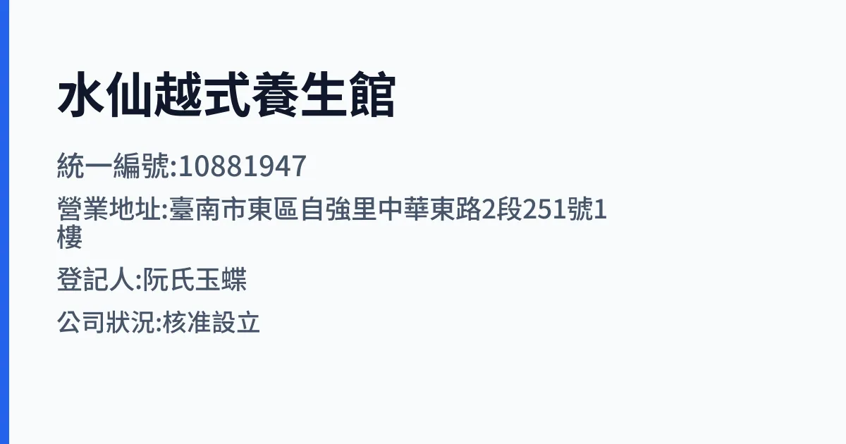 水仙越式養生館 - 統編 10881947(臺南市) 公司登記資料與營業項目詳細圖表