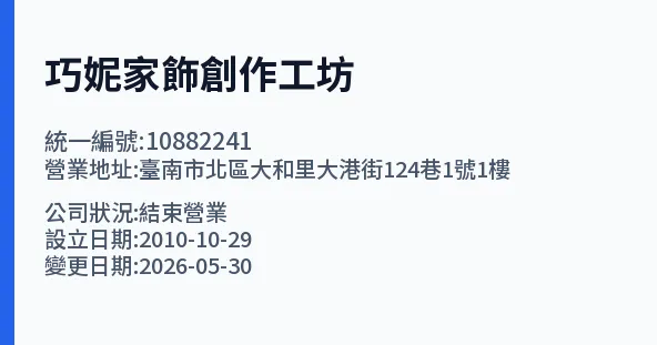 巧妮家飾創作工坊的照片-統編 10882241(臺南市) 公司登記資料與營業項目詳細圖表