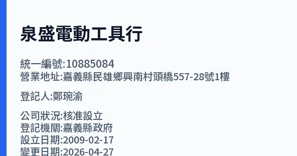 泉盛電動工具行的照片-統編 10885084(嘉義縣) 公司登記資料與營業項目詳細圖表