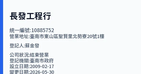 長發工程行的照片-統編 10885752(臺南市) 公司登記資料與營業項目詳細圖表