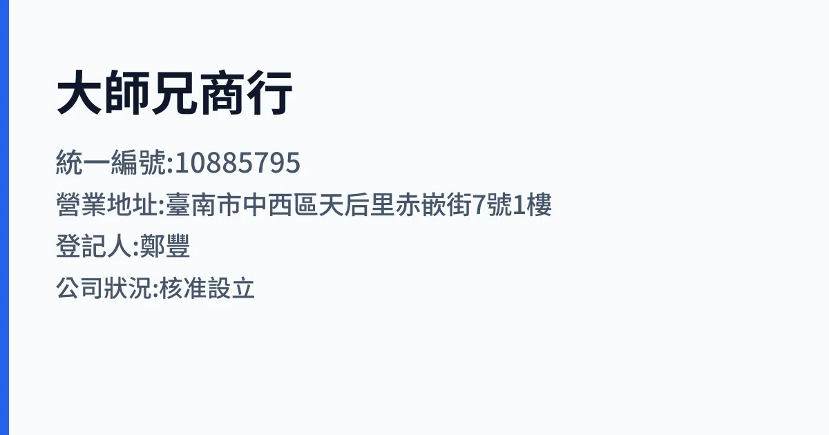 大師兄商行 - 統編 10885795(臺南市) 公司登記資料與營業項目詳細圖表