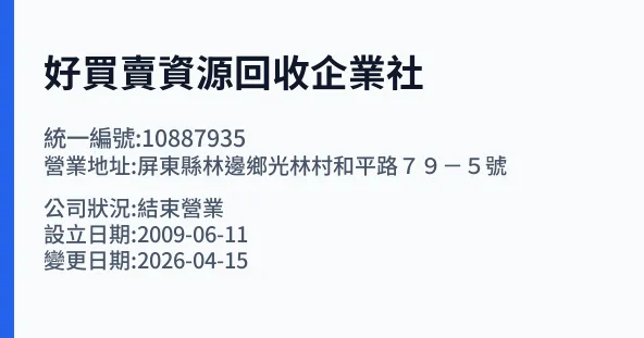 好買賣資源回收企業社的照片-統編 10887935(屏東縣) 公司登記資料與營業項目詳細圖表