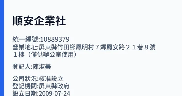 順安企業社的照片-統編 10889379(屏東縣) 公司登記資料與營業項目詳細圖表
