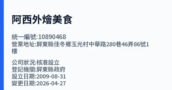 阿西外燴美食的照片-統編 10890468(屏東縣) 公司登記資料與營業項目詳細圖表