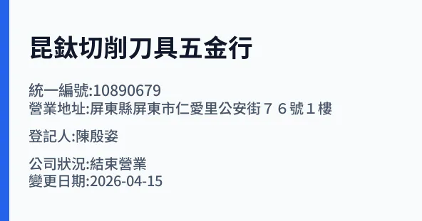 昆鈦切削刀具五金行的照片-統編 10890679(屏東縣) 公司登記資料與營業項目詳細圖表