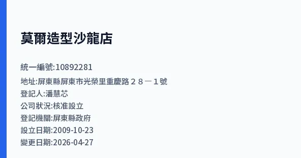 莫爾造型沙龍店的照片-統編 10892281(屏東縣) 公司登記資料與營業項目詳細圖表