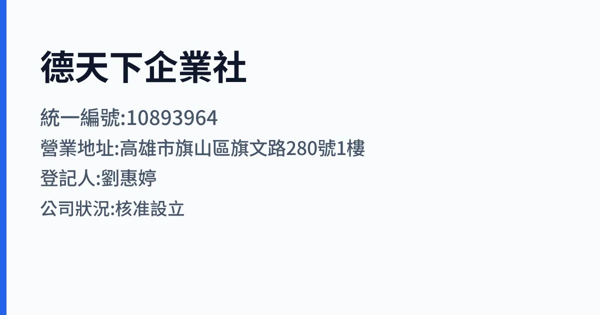 德天下企業社 - 統編 10893964(高雄市) 公司登記資料與營業項目詳細圖表
