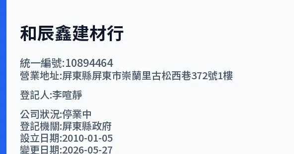 和辰鑫建材行的照片-統編 10894464(屏東縣) 公司登記資料與營業項目詳細圖表