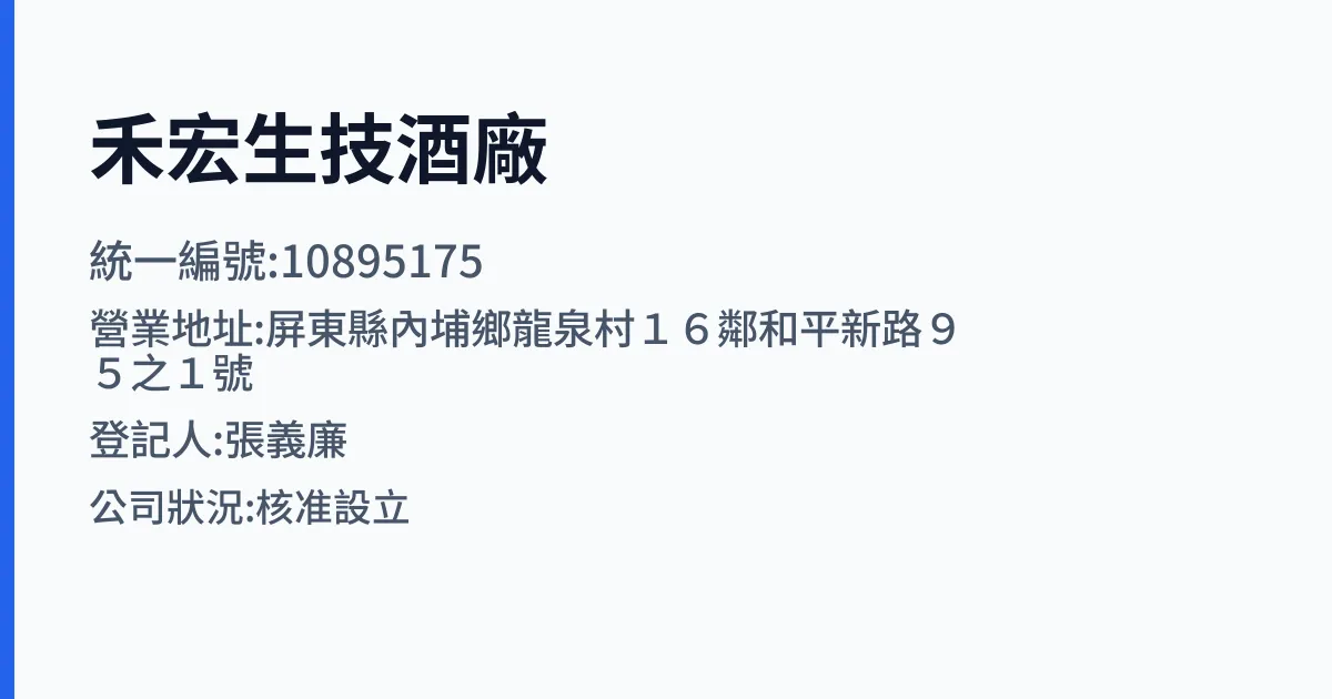 禾宏生技酒廠 - 統編 10895175(屏東縣) 公司登記資料與營業項目詳細圖表
