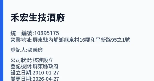禾宏生技酒廠的照片-統編 10895175(屏東縣) 公司登記資料與營業項目詳細圖表