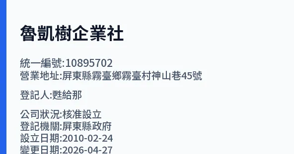 魯凱樹企業社的照片-統編 10895702(屏東縣) 公司登記資料與營業項目詳細圖表
