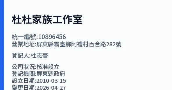 杜杜家族工作室的照片-統編 10896456(屏東縣) 公司登記資料與營業項目詳細圖表