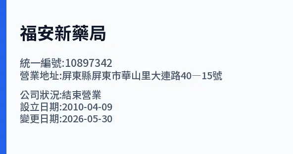 福安新藥局的照片-統編 10897342(屏東縣) 公司登記資料與營業項目詳細圖表