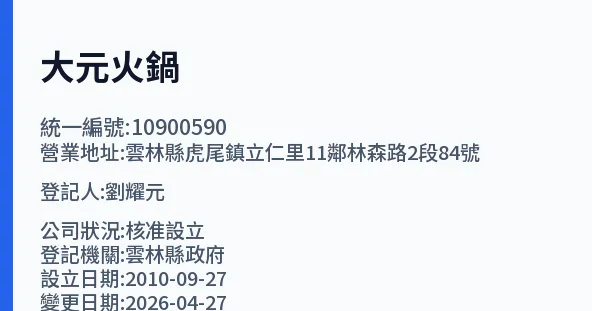 大元火鍋的照片-統編 10900590(雲林縣) 公司登記資料與營業項目詳細圖表