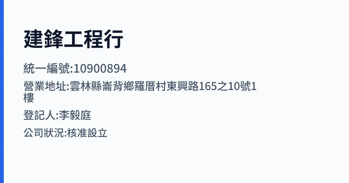 建鋒工程行 - 統編 10900894(雲林縣) 公司登記資料與營業項目詳細圖表