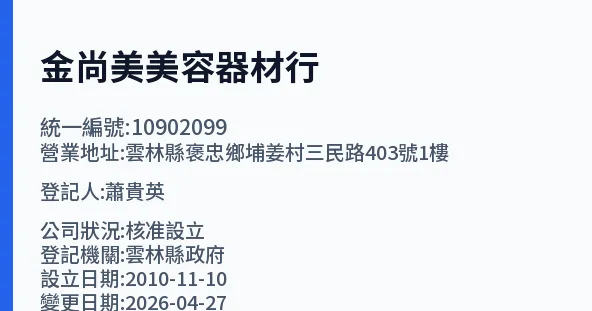 金尚美美容器材行的照片-統編 10902099(雲林縣) 公司登記資料與營業項目詳細圖表
