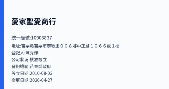 愛家聖愛商行的照片-統編 10903837(苗栗縣) 公司登記資料與營業項目詳細圖表