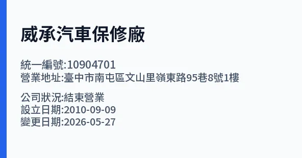 威承汽車保修廠的照片-統編 10904701(臺中市) 公司登記資料與營業項目詳細圖表