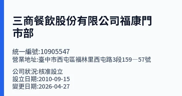 三商餐飲股份有限公司福康門市部的照片-統編 10905547(臺中市) 公司登記資料與營業項目詳細圖表